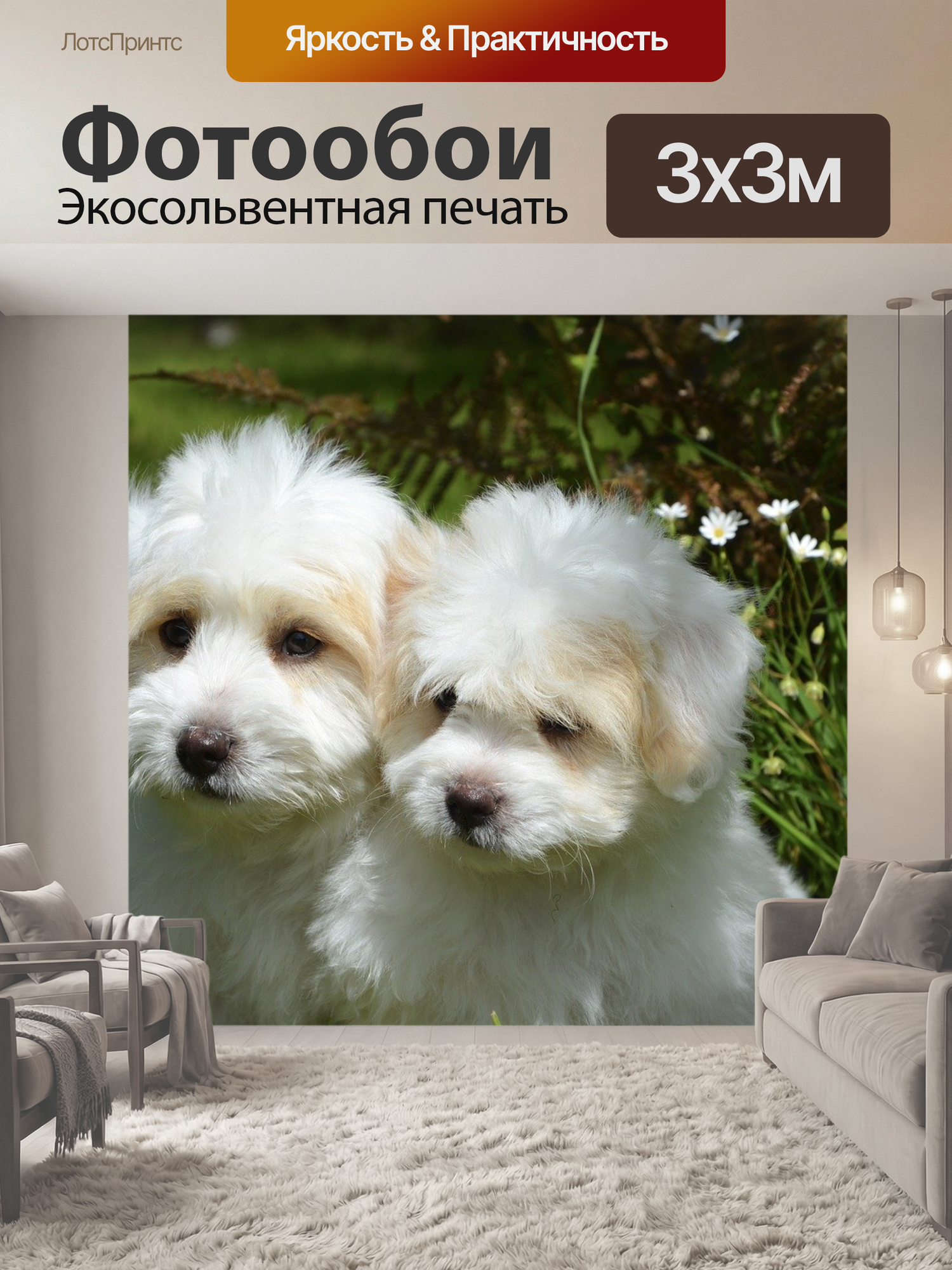 Фотообои "Щенки, собаки, белый" 300x300 см. экосольвентная печать