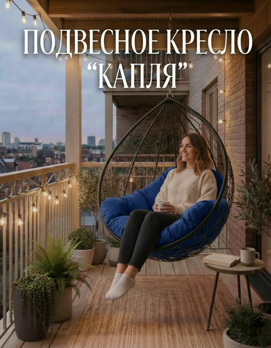 Подвесное кресло "Капля" без стойки, чёрное с синей подушкой, + цепь 2м