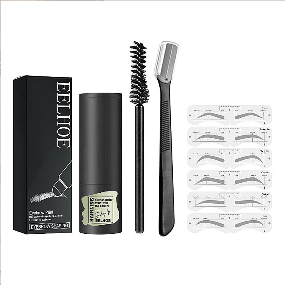 Набор для бровей с клеем Natural Hairline Powder Quick Eyebrow Card On Makeup Waterproof Perfect Eyebrow Definer Template Kit с кистью для бровей и триммером Темно-серый, 6 карт для бровей, 1 кисть для бровей, 1 триммер для бровей, материал: минеральный