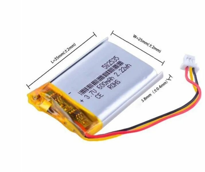3.7V 600mAh для видеорегистратора, беспроводной мышки, комбо-устройств, навигатора, наушников, колонки. , 3-pin, 35*25*5.8mm