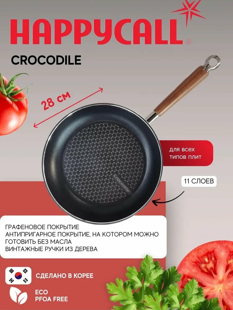 Сковорода Happycall Crocodile, 28 см, с фиксированной ручкой, антипригарное гранитное покрытие, подходит для всех плит