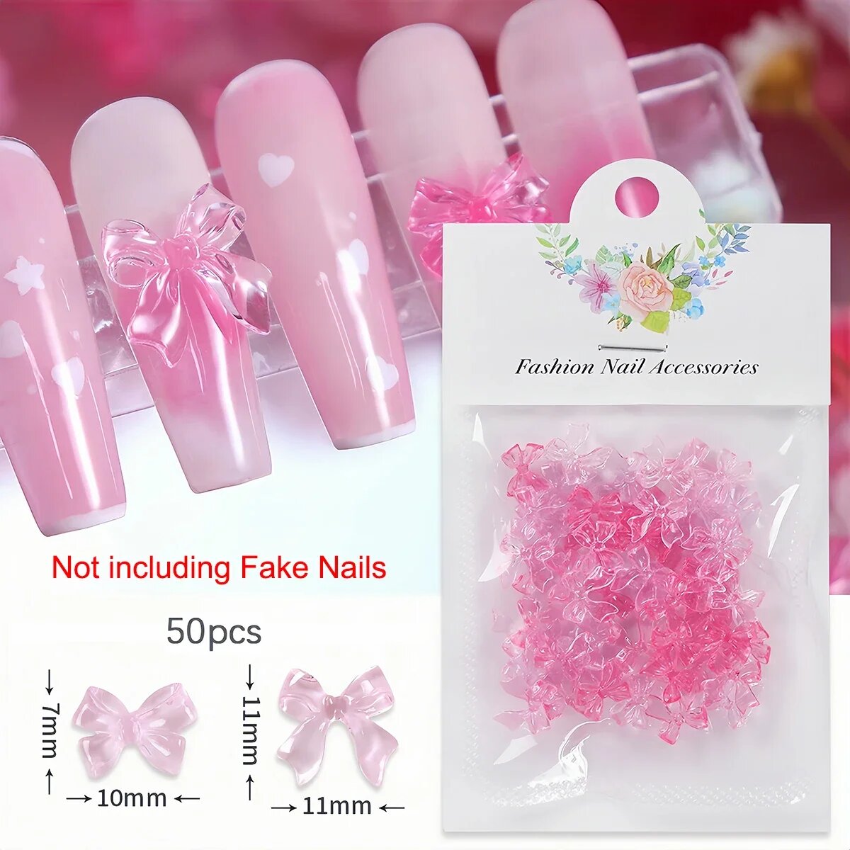 Смоляные бантики для ногтей V-REX 50 шт. Transparent Pink