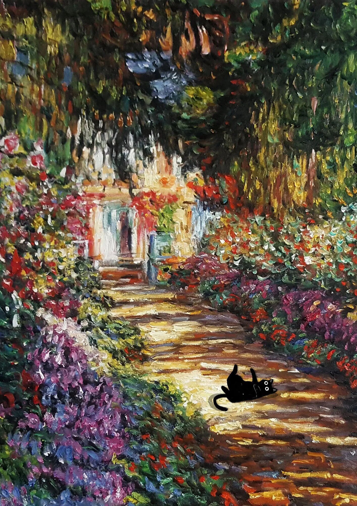 Живопись маслом "Черный кот в саду", 30x40см, цвет 2