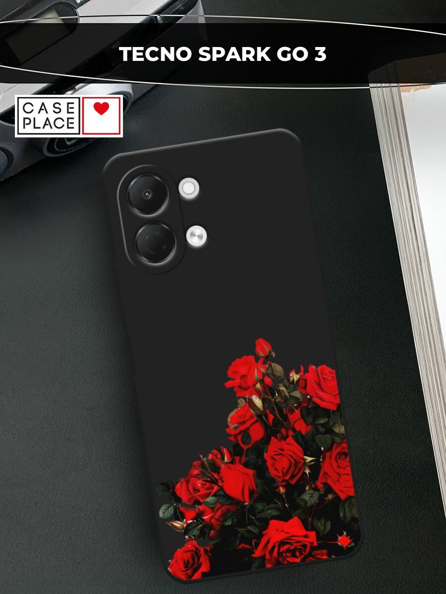 Черный матовый чехол на Tecno Spark Go 3 / Текно Спарк Го 3 с принтом Куст алых роз