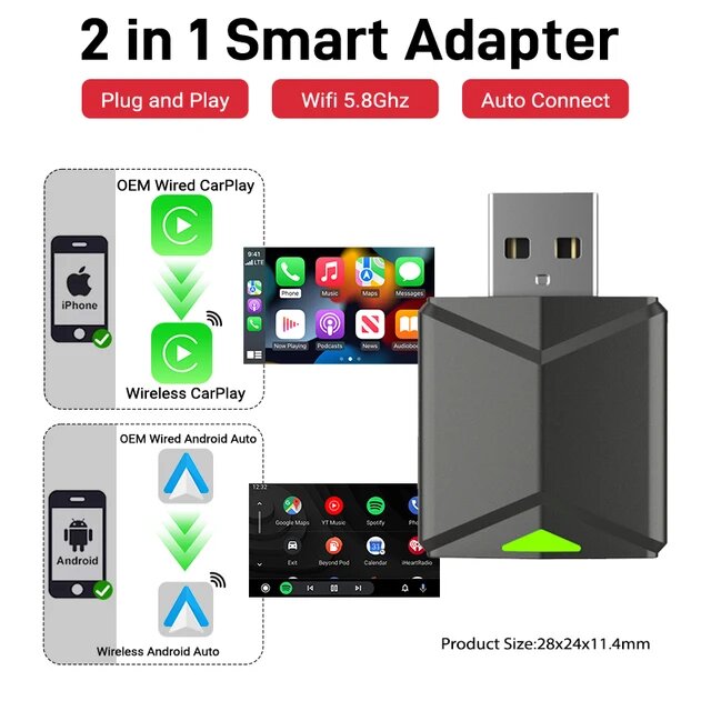 Новый мини-адаптер CarPlay 2-в-1 с проводным подключением к беспроводной сети для Android Smart Box (2025): подключи и работай, подключение к автомобилю, обновление по воздуху (OTA), универсальный тип.