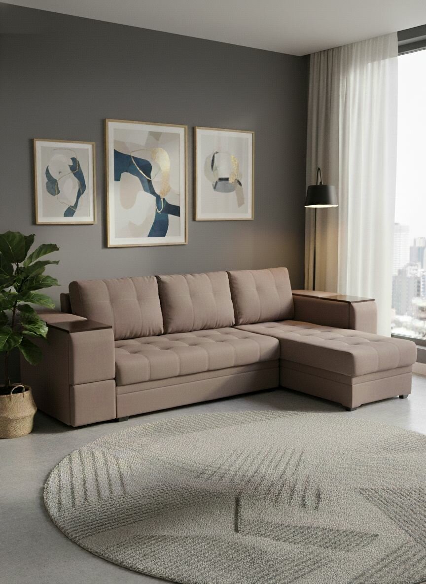 Диван Инвуд Лайт 2 угловой Барный Vita 032 коричневый (правый) (стол как смотришь слева) 260х160х88