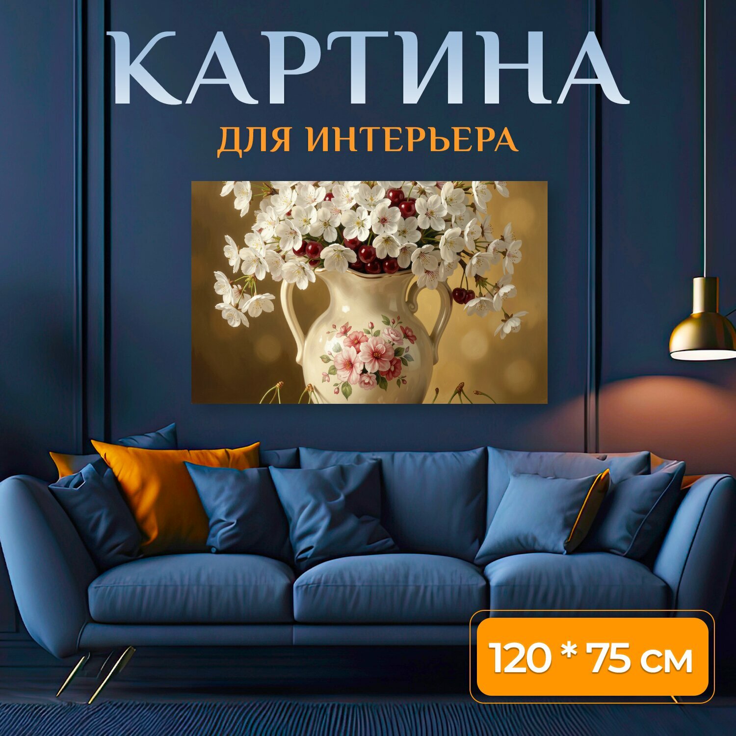 Картина на холсте "Белые цветы и вишня в вазе. Нежная натюрмортная композиция с фарфоровым сосудом, усыпанным розовыми бутонами, и ветвями." на подрамнике 120х75 см. для интерьера
