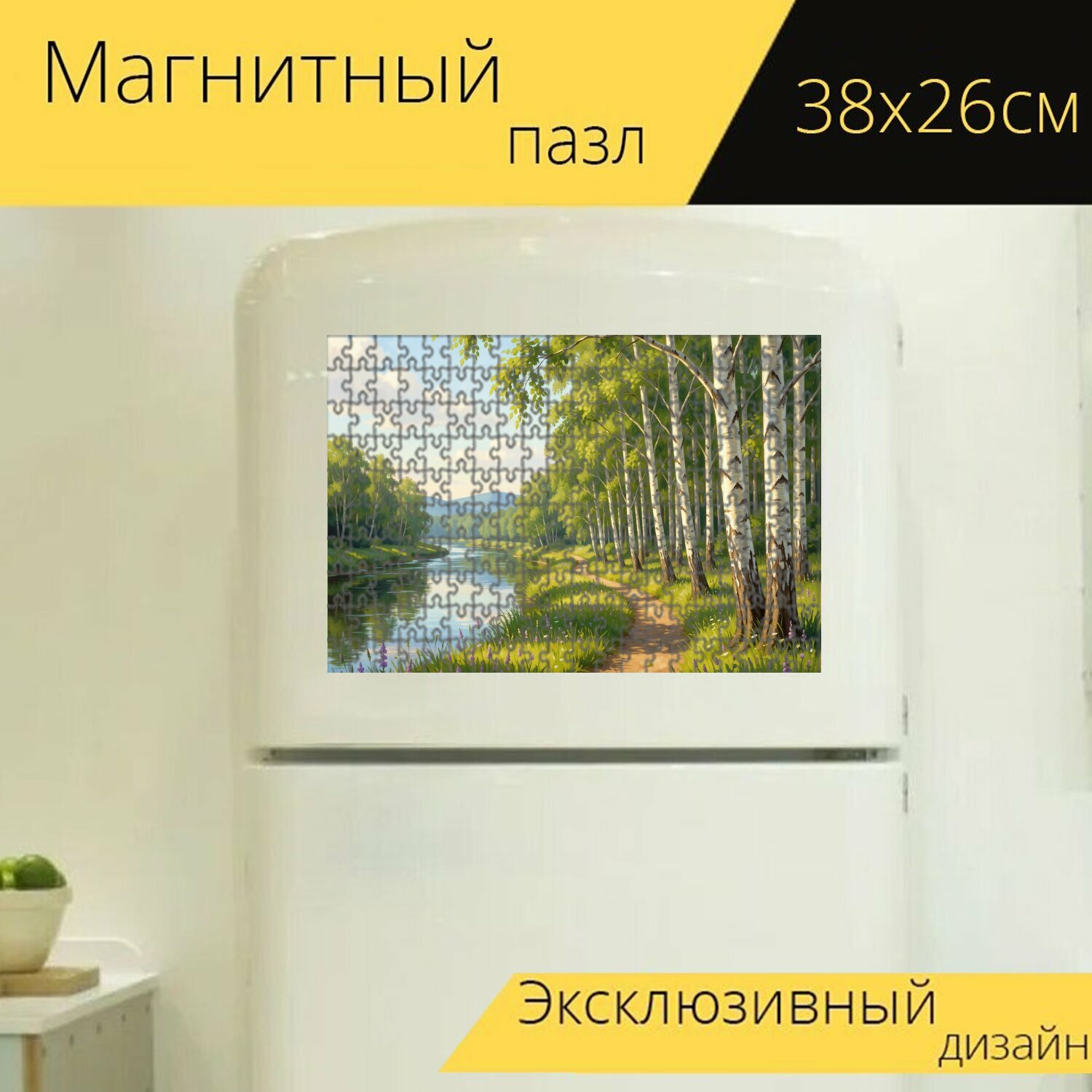 Магнитный пазл "Летний лесной берег реки. Светлая живописная природа с белоствольными берёзами, извилистой водой, цветущими травами и тропинкой вдоль." для интерьера, 38х26 см.
