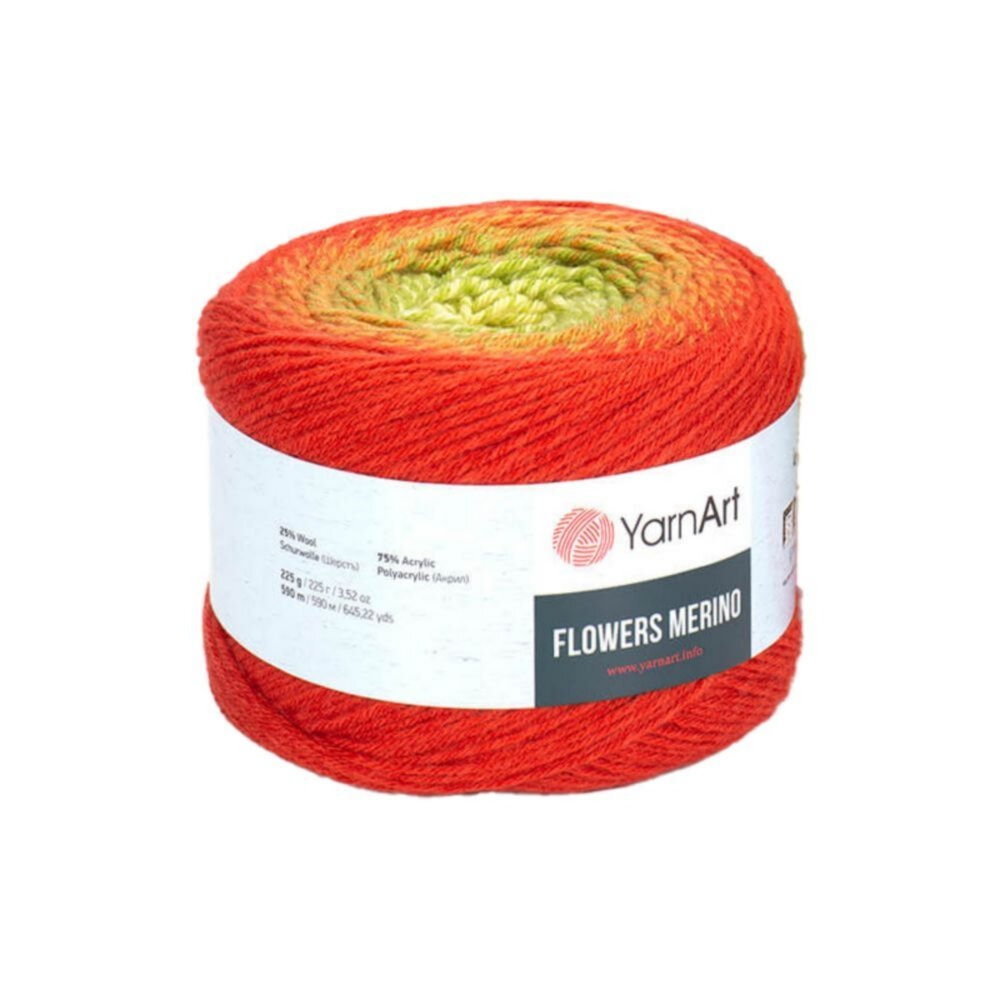 Пряжа для вязания YarnArt Flowers Merino 539 оранжевый зеленый 225 гр/590 м 25% шерсть, 75% акрил