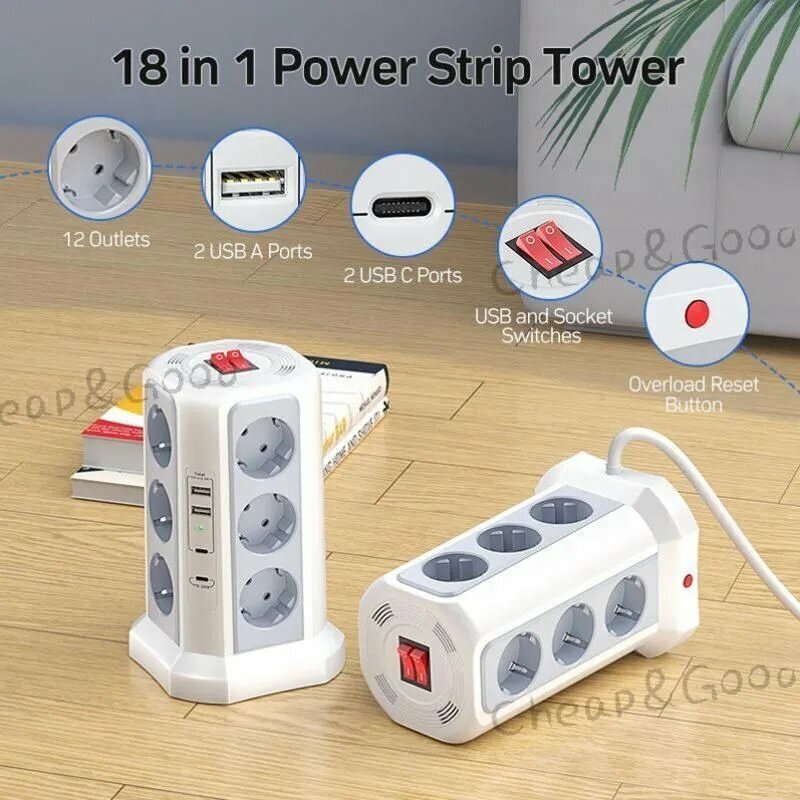 Сетевой фильтр куб, 2500 Вт с предохранителем 12 розеток с 2 USB и 2 Type-C, кабель 1.8м, заземление Защита от перегрузки