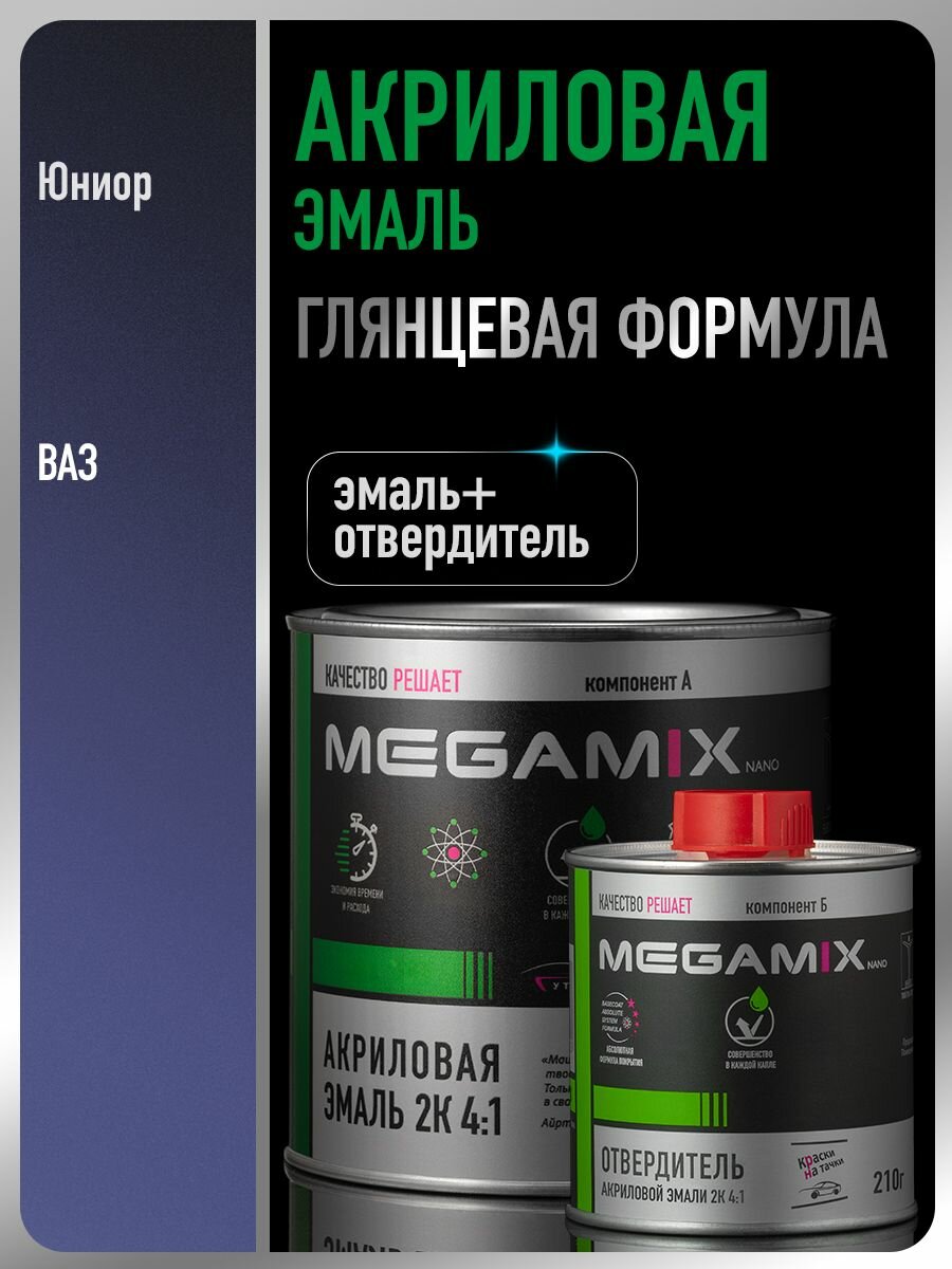 Акриловая краска автомобильная, Юниор, 2К 4:1 Комплект ( эмаль: 840 мл + отвердитель: 210 мл), MEGAMIX