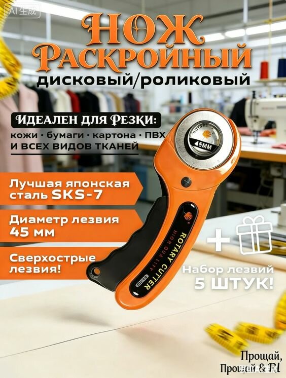 Раскройный нож - 1 шт, Лезвие 45 мм. - 5 шт.