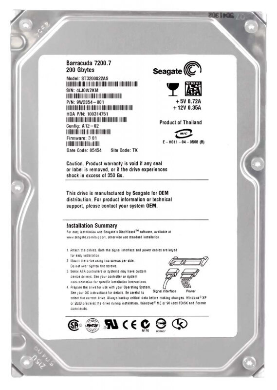 Жесткий диск Seagate 9W2854 200Gb SATA 3,5" HDD
