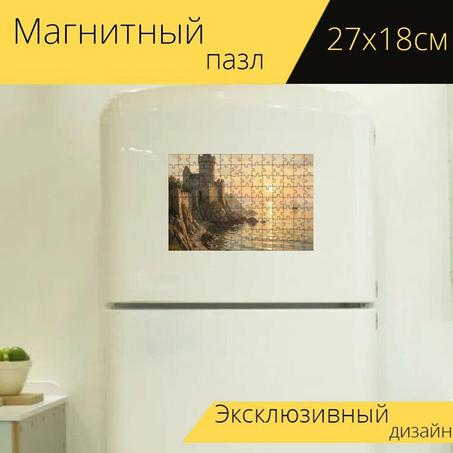 Магнитный пазл "Замок у моря на закате. Старинная крепость на скалистом берегу, спокойная водная гладь с парусниками, мягкое золотое сияние вечернего." на холодильник 27 x 18 см.