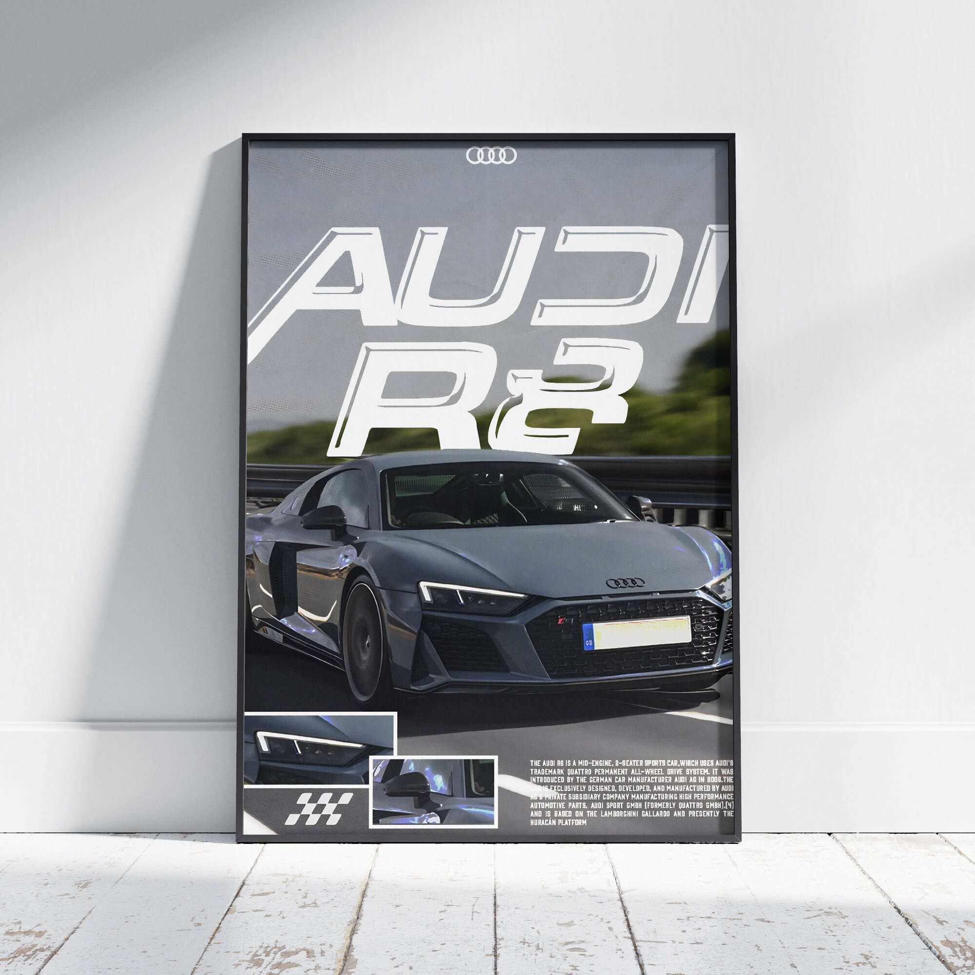 Плакат на стену для интерьера Спорткар (Audi R8 4) - Постер по спортивным гоночным машинам автомобилям формата А4 (21x30 см)