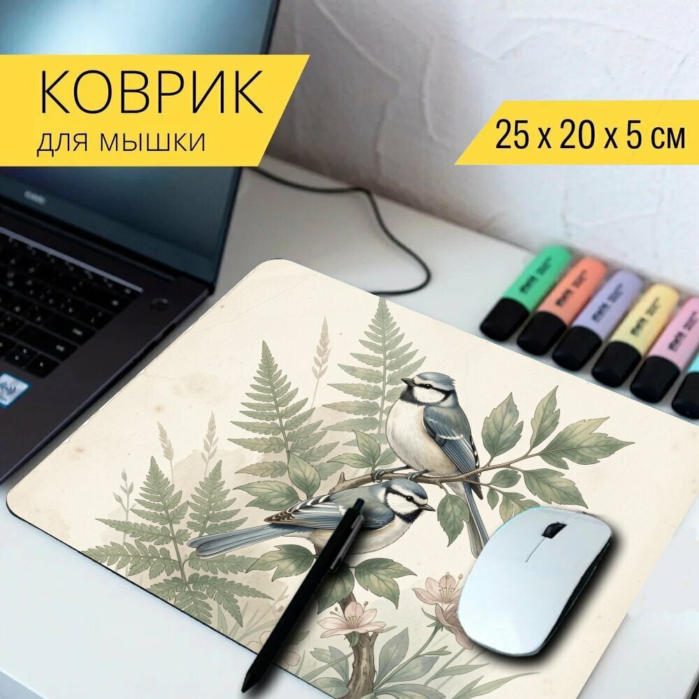 Коврик для мыши с принтом "Две лазоревки на ветке. Нежная ботаническая иллюстрация с маленькими синими птичками среди папоротника, листвы и бледно-розовых цветов. Винтажный." 25x20см.