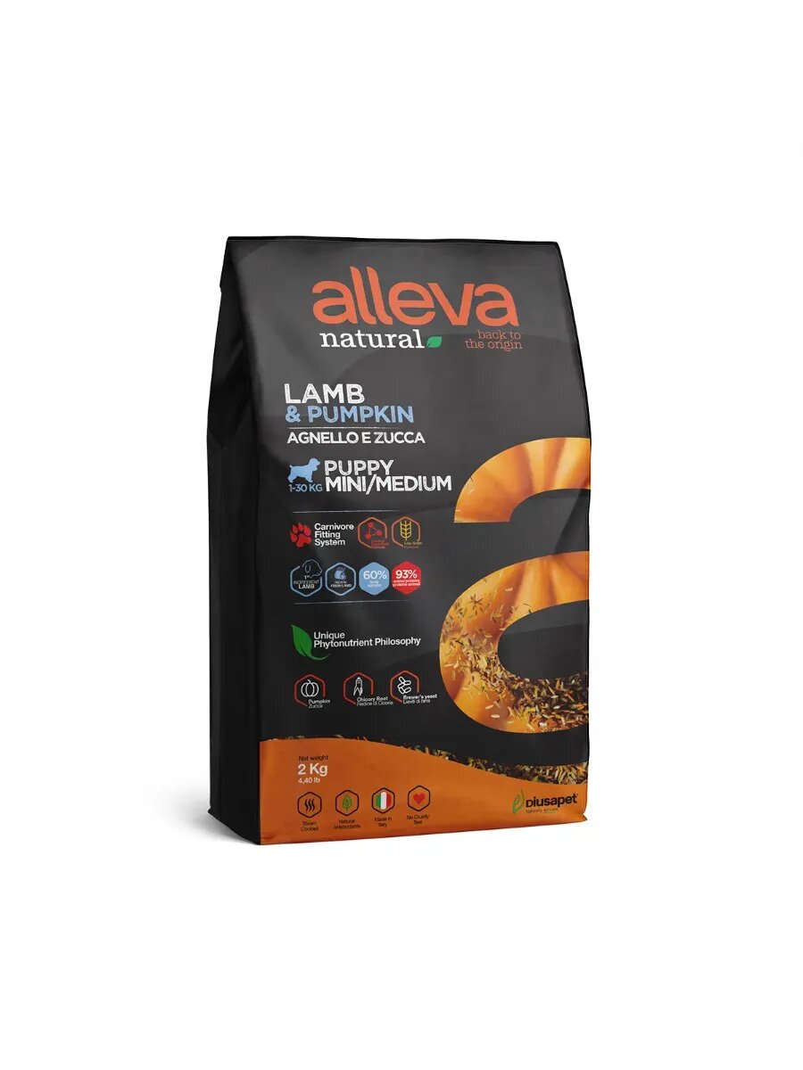 Корм сухой Alleva Natural Puppy Mini/Medium Lamb & Pumpkin низкозерновой для щенков мелких и средних пород, ягненок, тыква, 2 кг