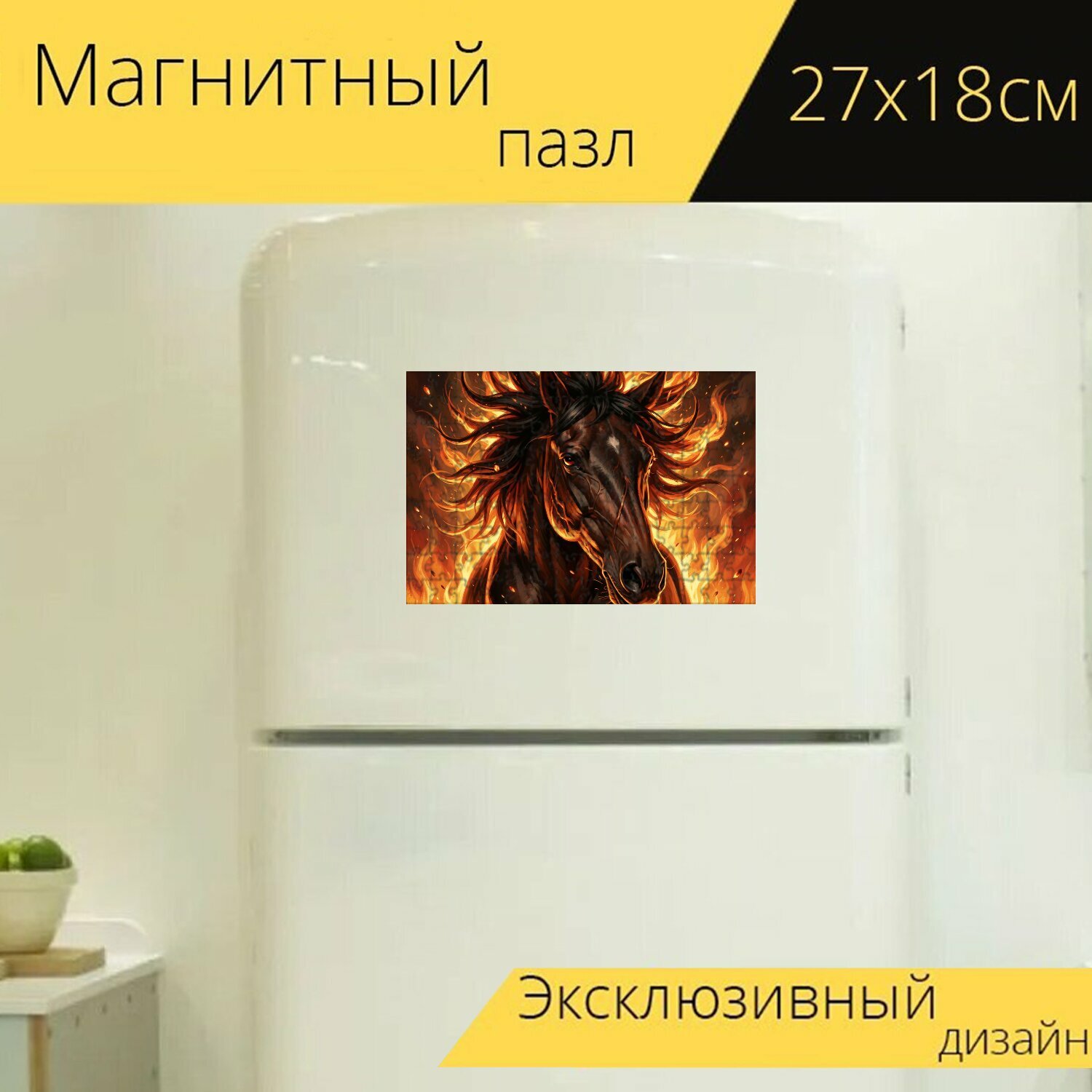 Магнитный пазл "Огненный конь в пламени. Мистический жеребец с развевающейся чёрной гривой на фоне языков огня и искр. Фэнтези-арт в оранжево-красных." на холодильник 27 x 18 см.