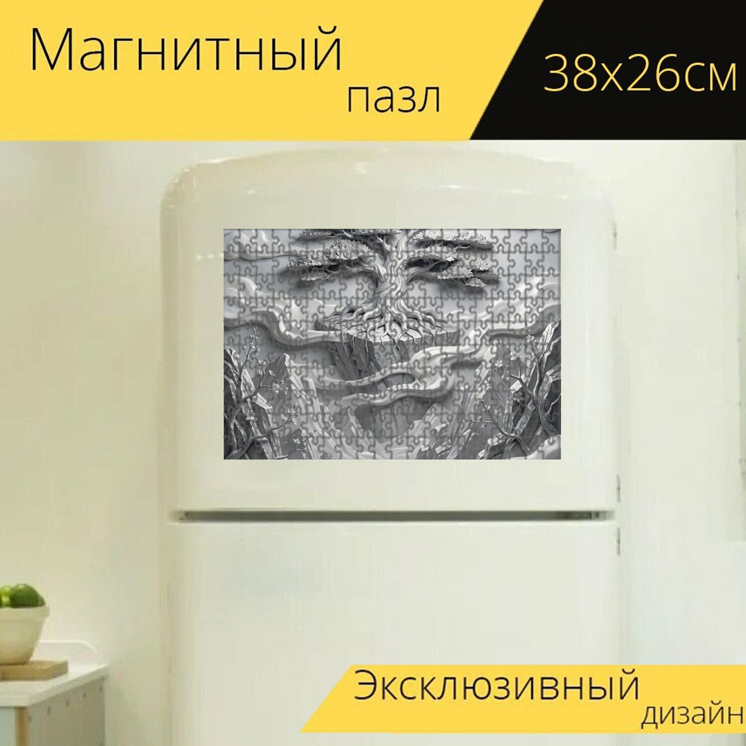 Магнитный пазл "Белое дерево над ущельем. Монохромный фантазийный пейзаж: извилистое древо с раскидистой кроной на парящей скале, горы, туман, облачные." для интерьера, 38х26 см.