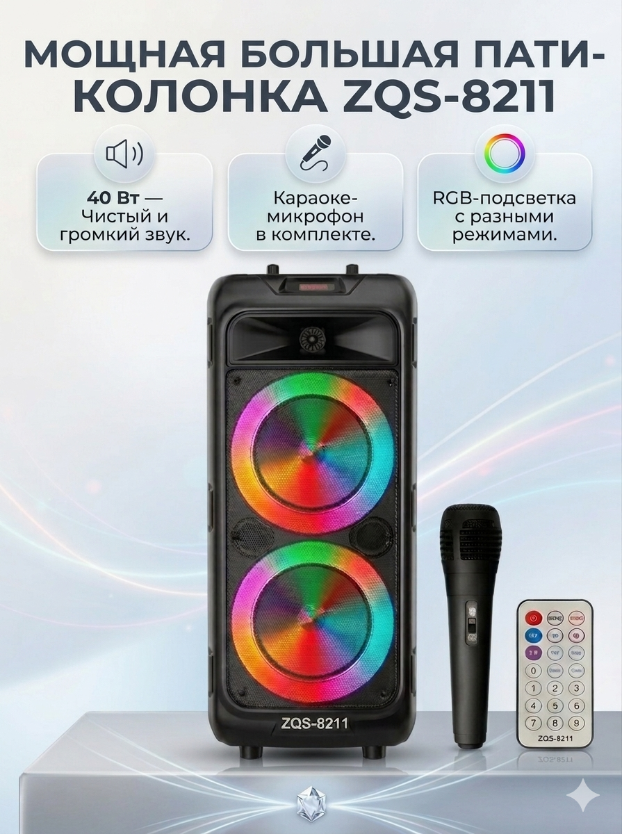 Портативная колонка BT SPEAKER ZQS-8211 Bluetooth, с микрофоном для караоке, FM, MP3 и подсветкой