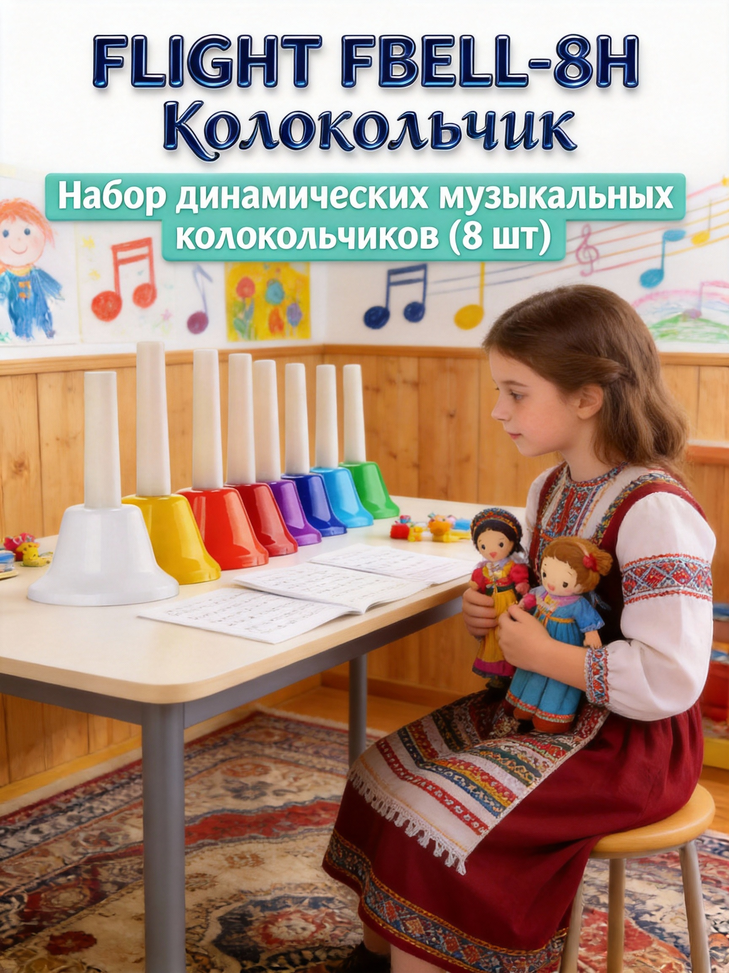 FLIGHT FBELL-8H набор диатонических колокольчиков 8 шт с ручкой, цветные металлические звонкие ноты для обучения музыке