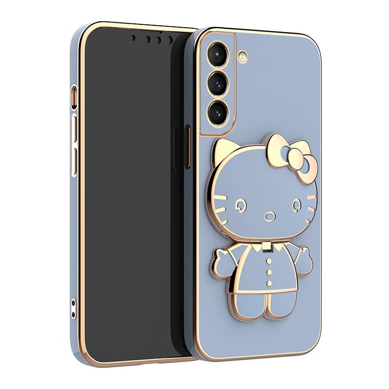 Зеркало-подставка Samsung Galaxy S24 с голубым дизайном KT Cat, одинарная оболочка для мобильного телефона