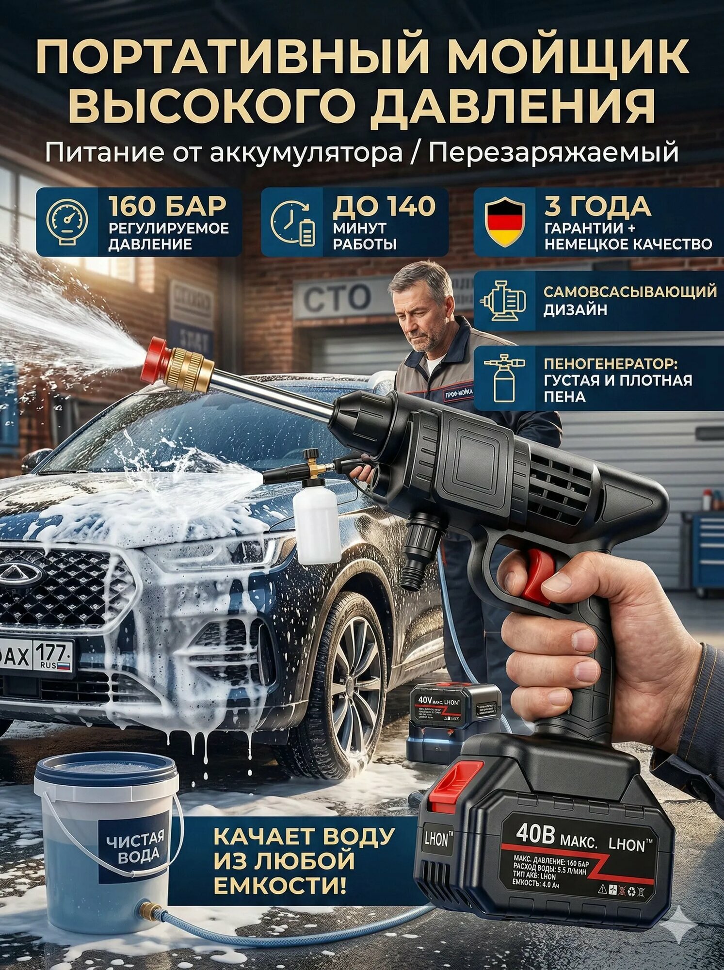 Аккумуляторная автомойка , высокого давления, для автомобиля, в кейсе 2 аккумулятора, минимойка с пистолетом