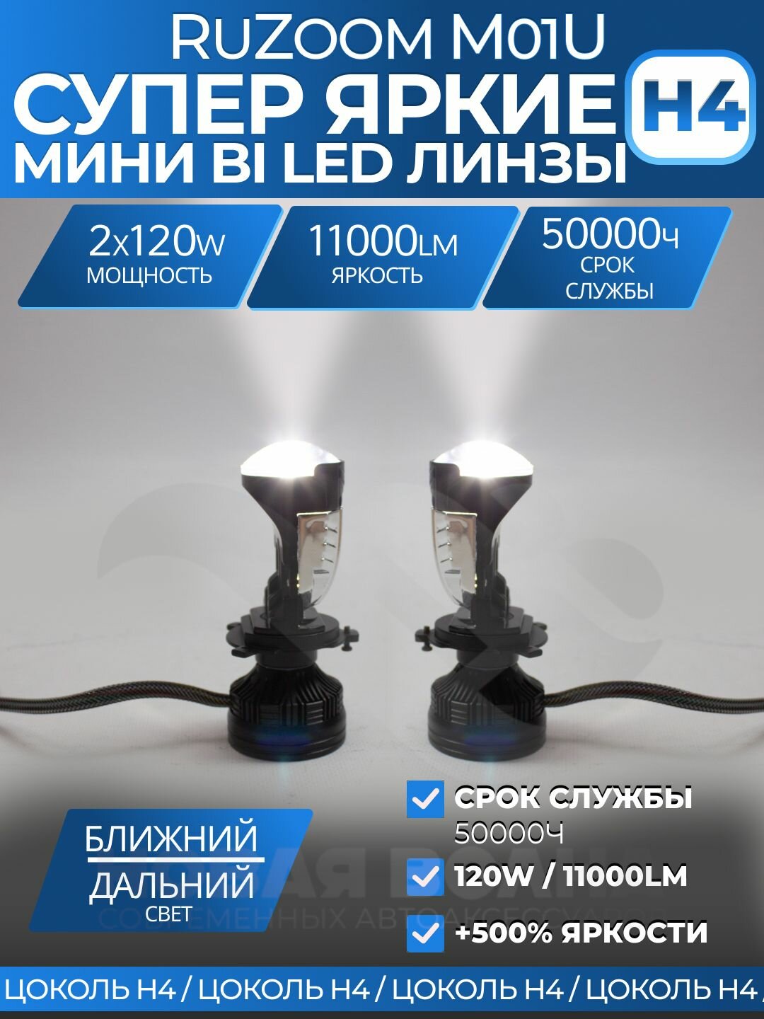 Светодиодные лампы H4 с линзой LED RuZoom M01U, ближний и дальний свет, мини bi-led линзы, комплект 2 шт.