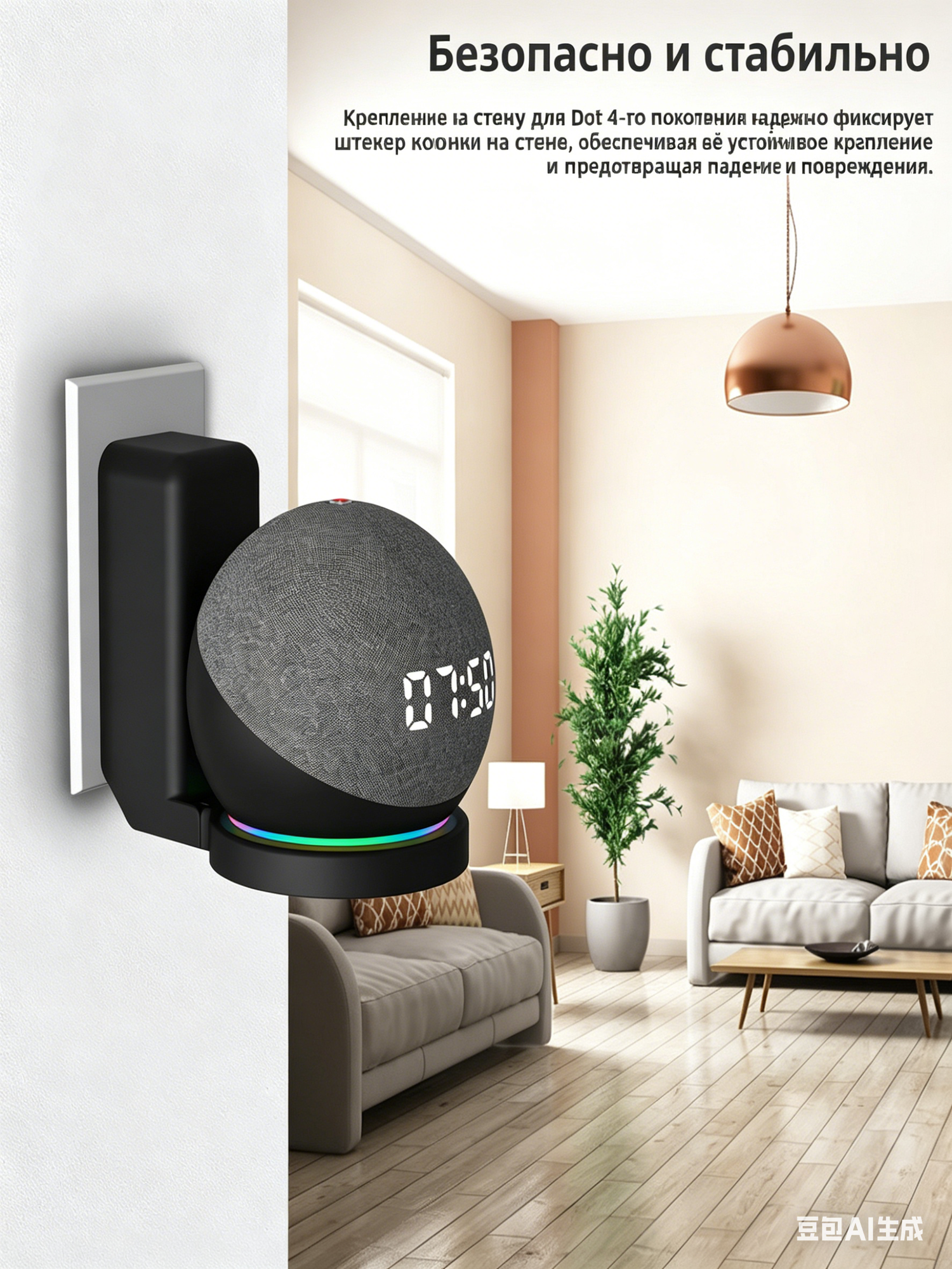 Держатель-крепление на розетку для Echo Dot 4-го поколения с органайзером для кабеля, черный