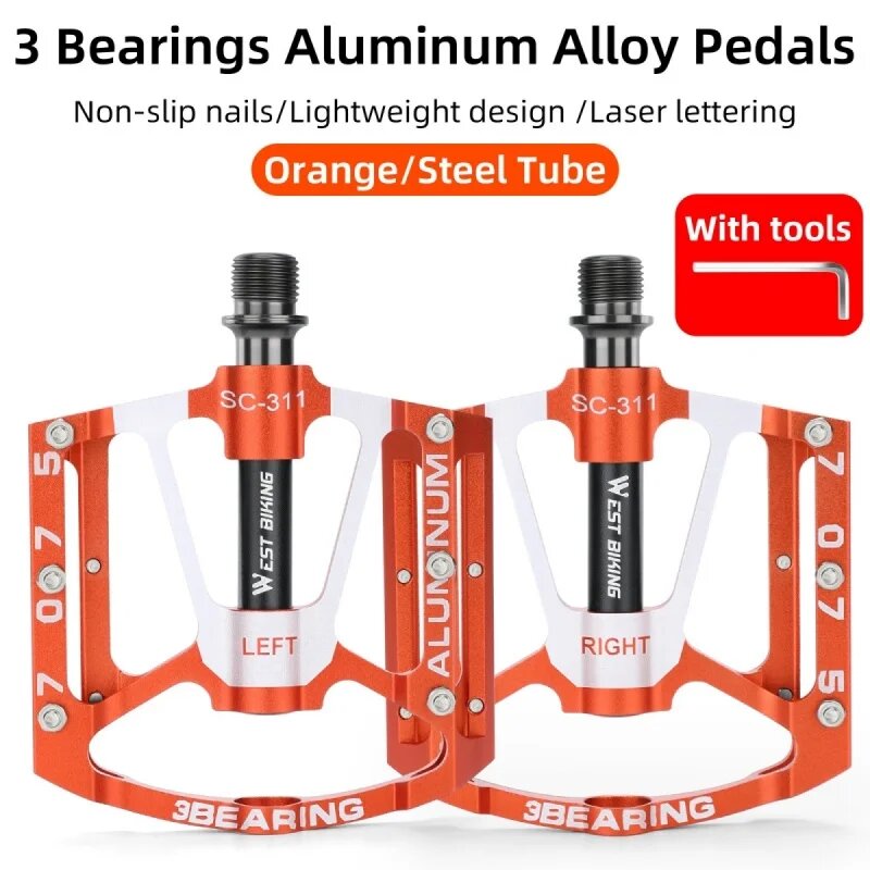 West Biking педали 3-х подшипниковые, алюминий, Orange-Red Black