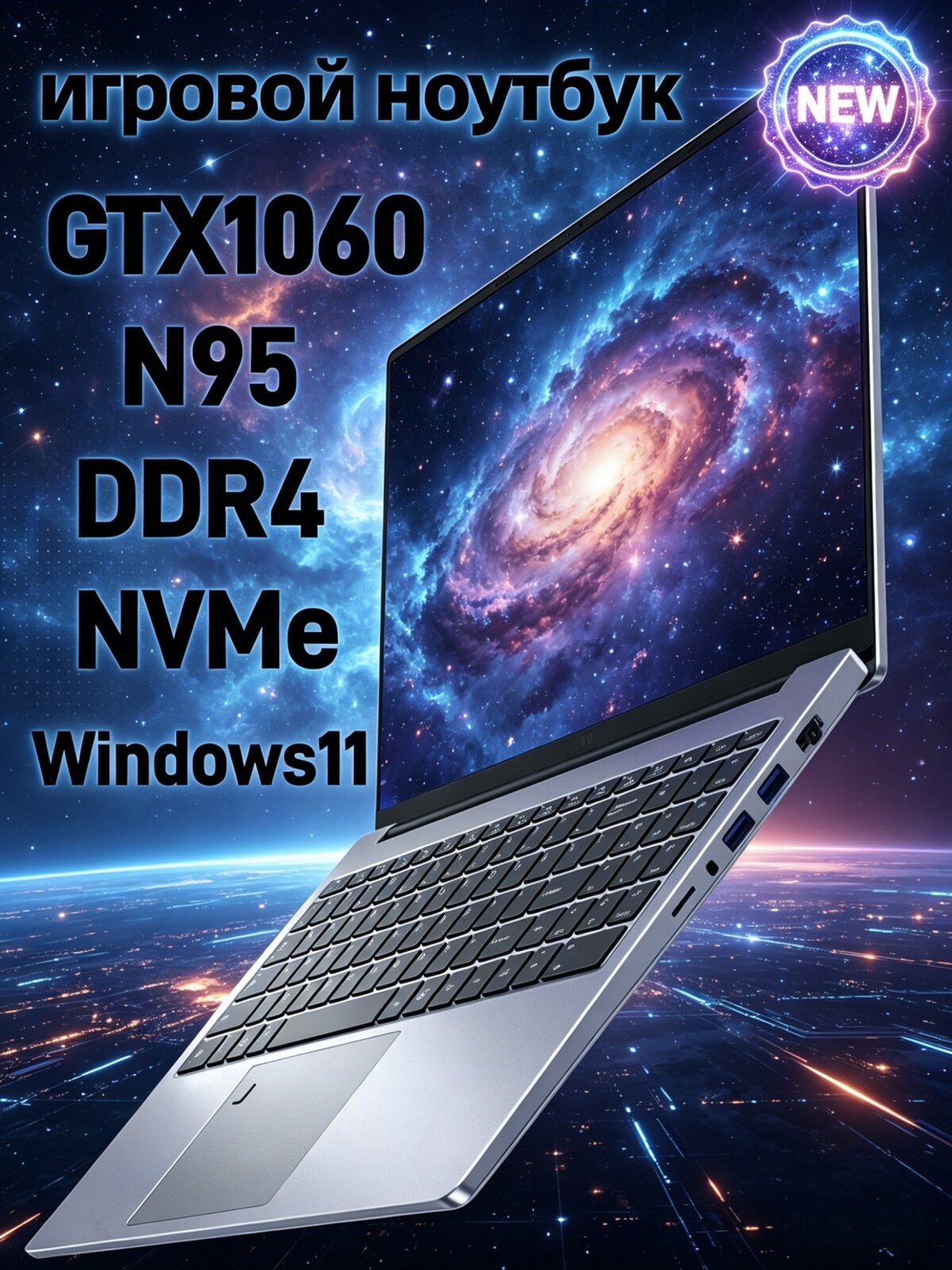 Ноутбук для работы, учёбы и игр 15,6" IPS компьютер, видеокарта GTX1060，Intel N95, Подсветка клавиатуры, Windows11