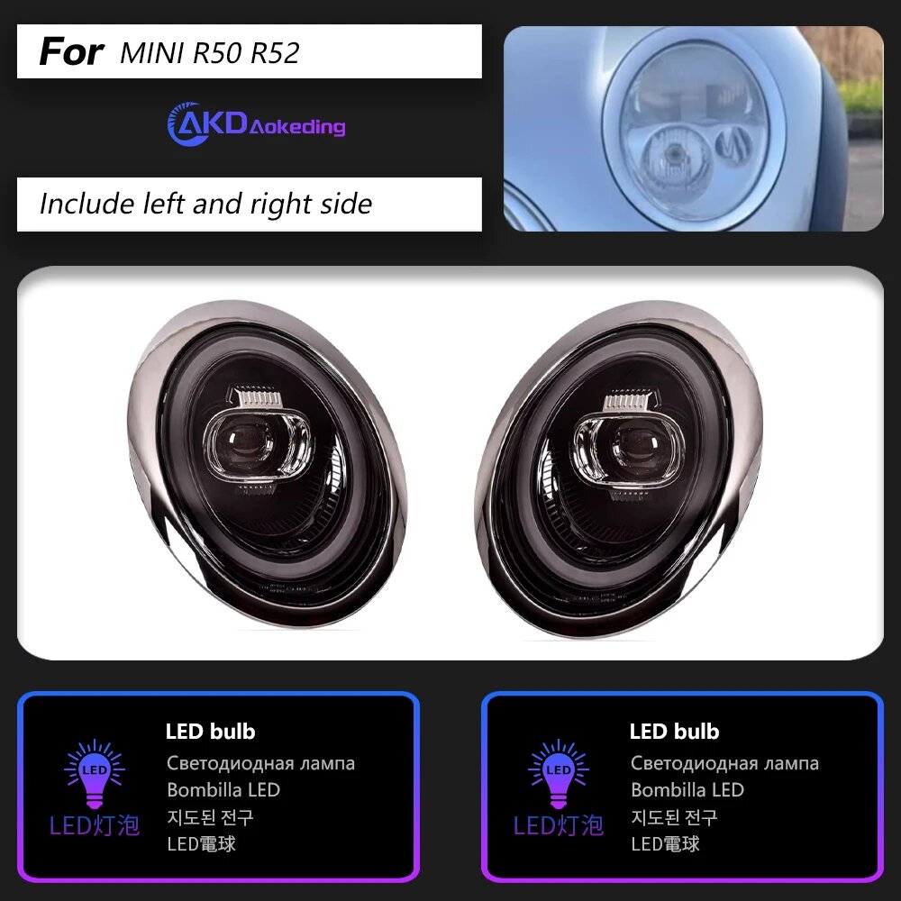 Фаркоп AKD для MINI R50 R52 фары LED 2001-2007 фары R53 дневное ходовое освещение поворотный сигнал дальний свет ангельские глаза проекционная линза
