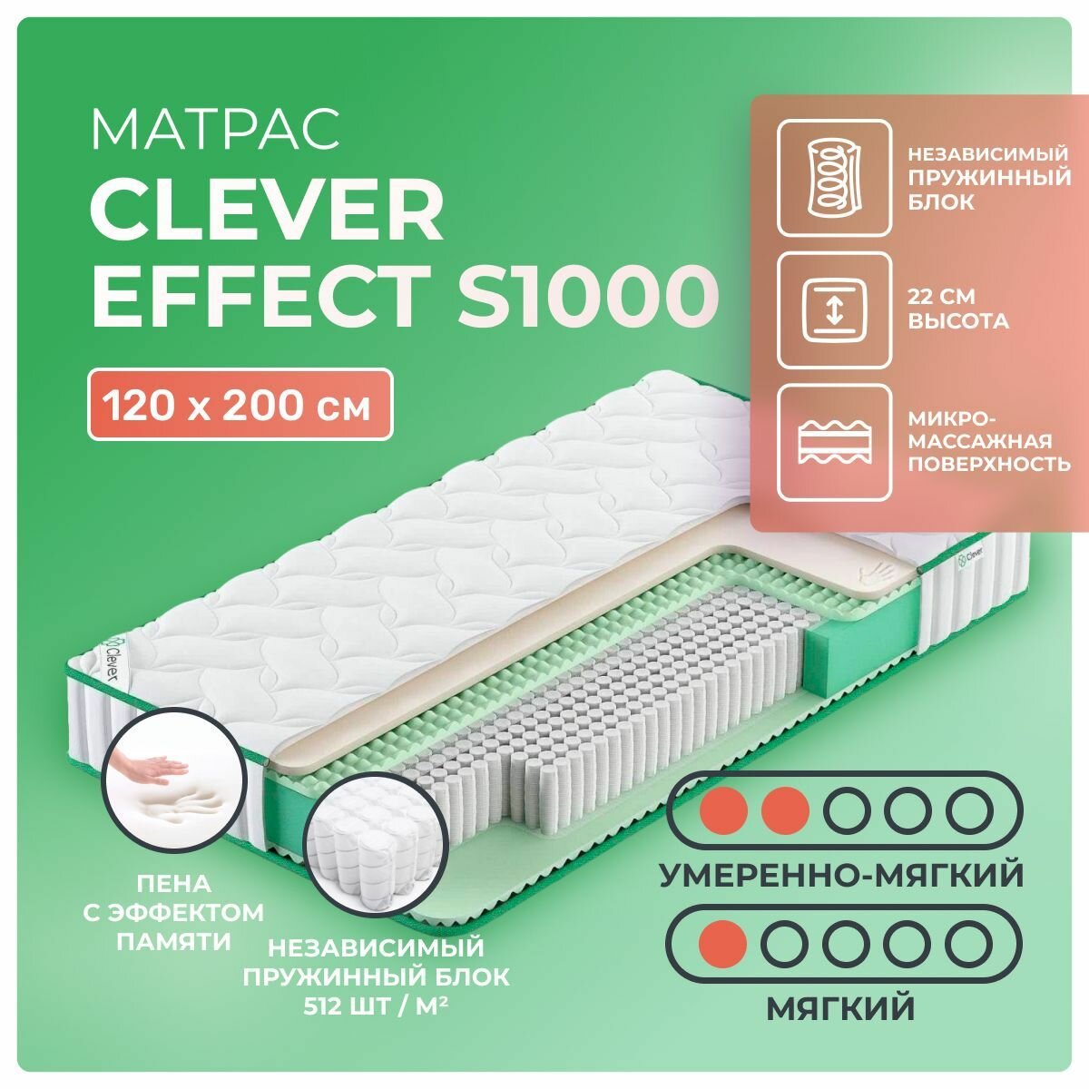 Матрас 120х200 Clever Effect S1000, независимые пружины, двусторонний с разной жесткостью, мягкий, полумягкий, memory foam пенополиуретан, полутораспальный 200х120