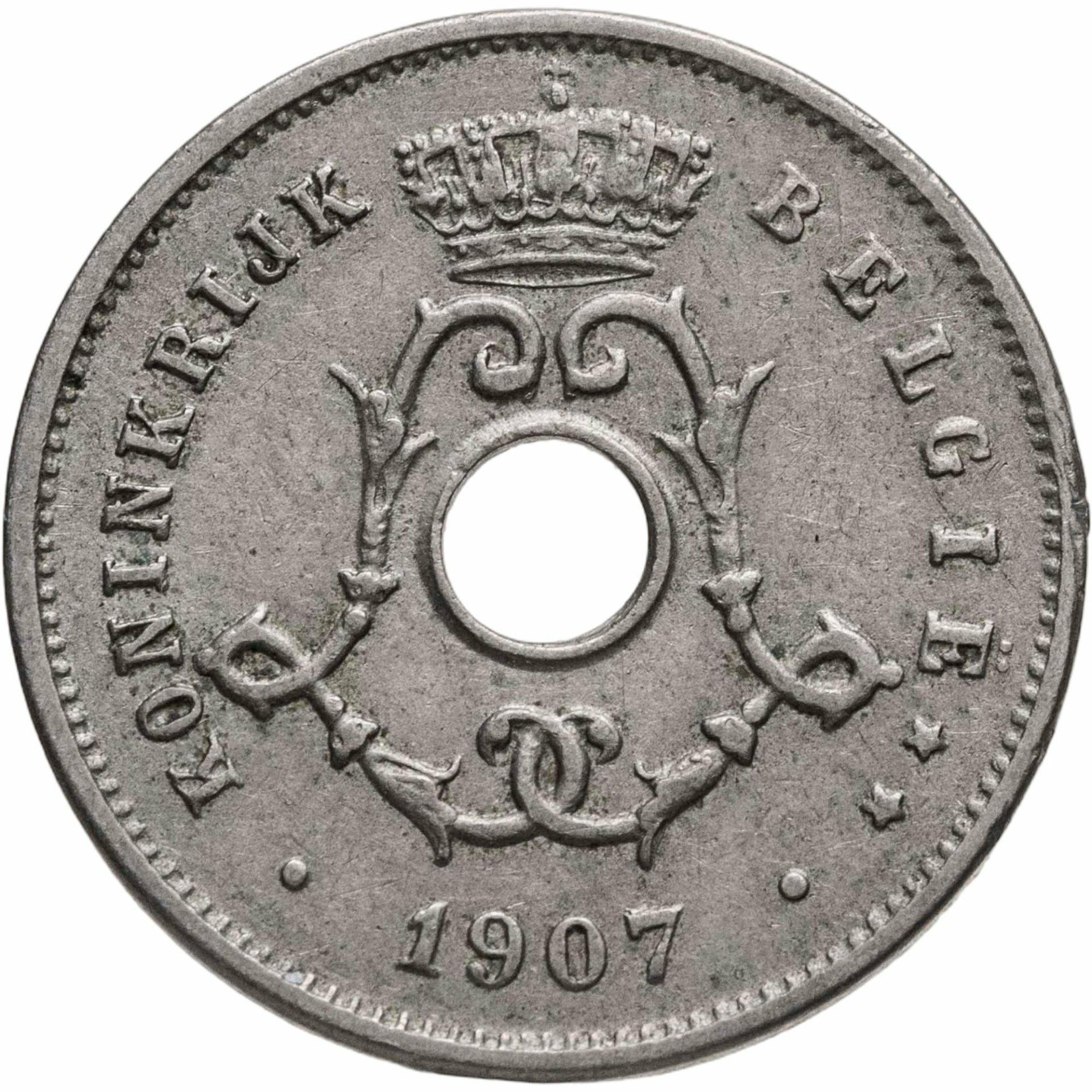 Бельгия 5 сантимов centimes 1907 Надпись на голландском - 'BELGIË', Мельхиор медь-никель, в сохранности VF