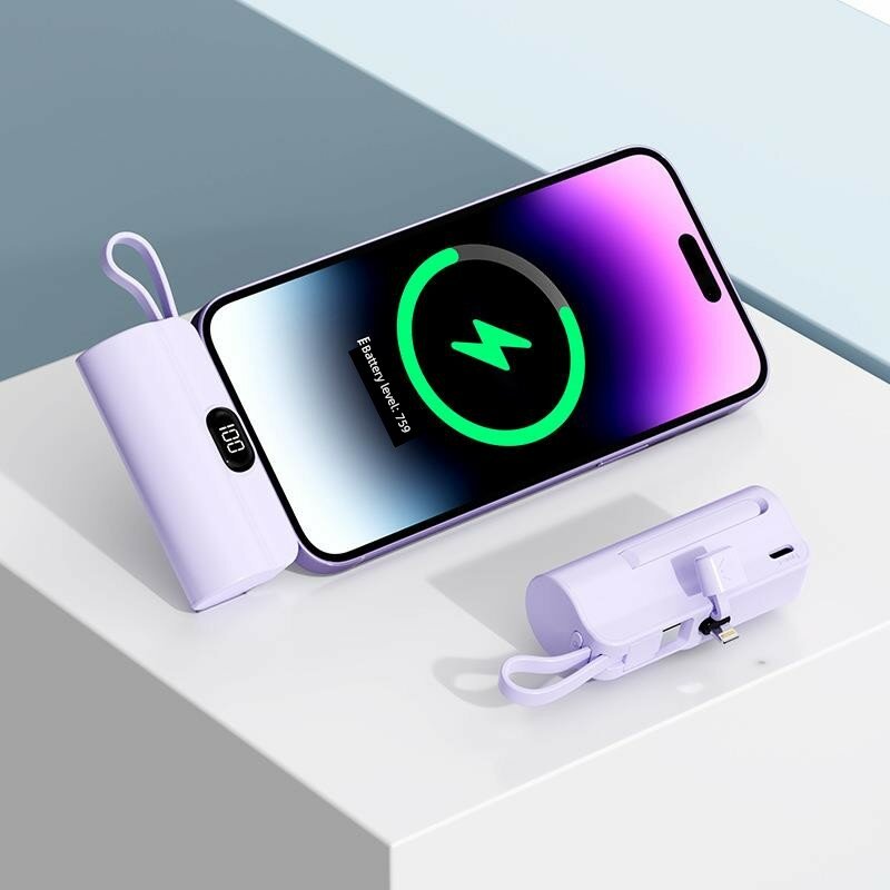 Лавандовый портативный аккумулятор с кабелем USB-C и Lightning, 5000 мАч для смартфонов