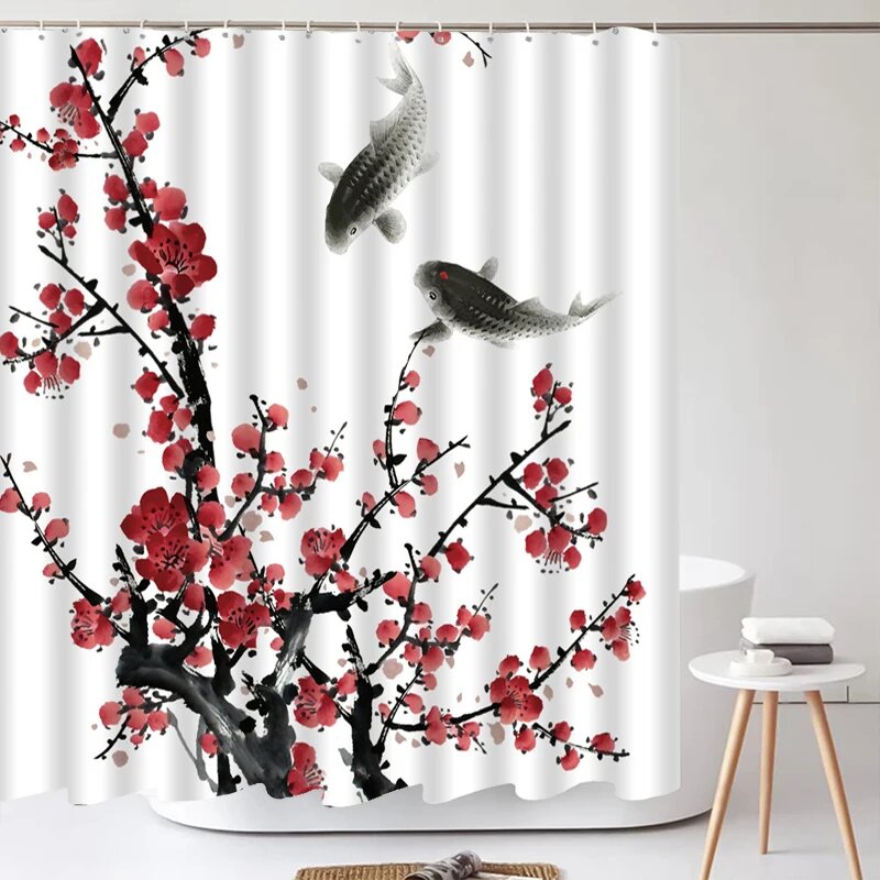 Занавеска для душа японский стиль, цветы сливы, 180x180cm, 8136G