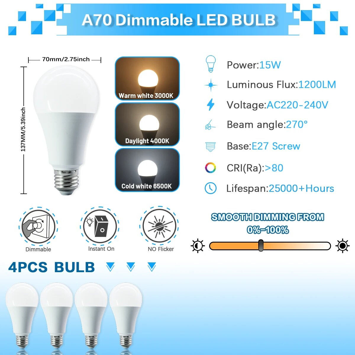 LED A70 Dimmable E27 15Вт, Warm white 3000K, 4PCS