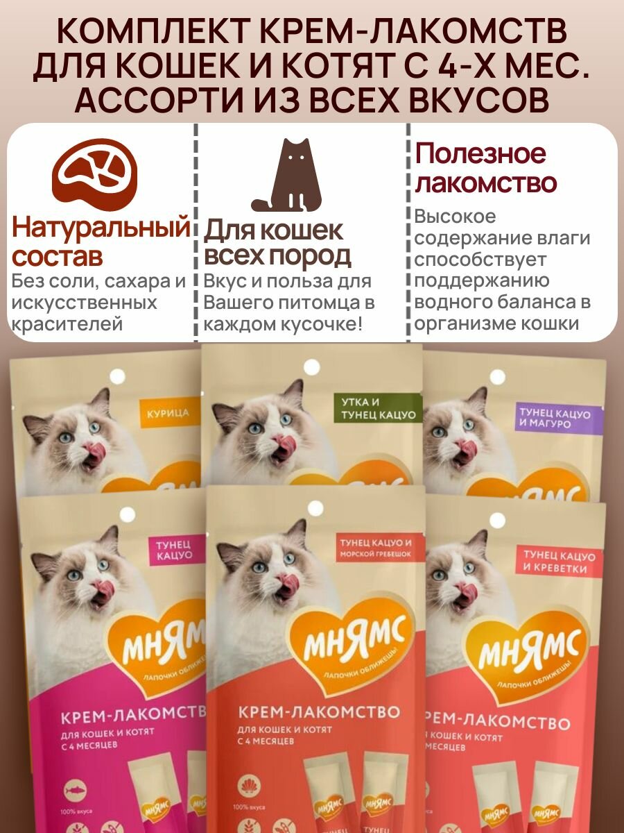 Мнямс, Комплект крем-лакомств для кошек и котят, ассорти из всех видов, по 1 пачке, 6*60г
