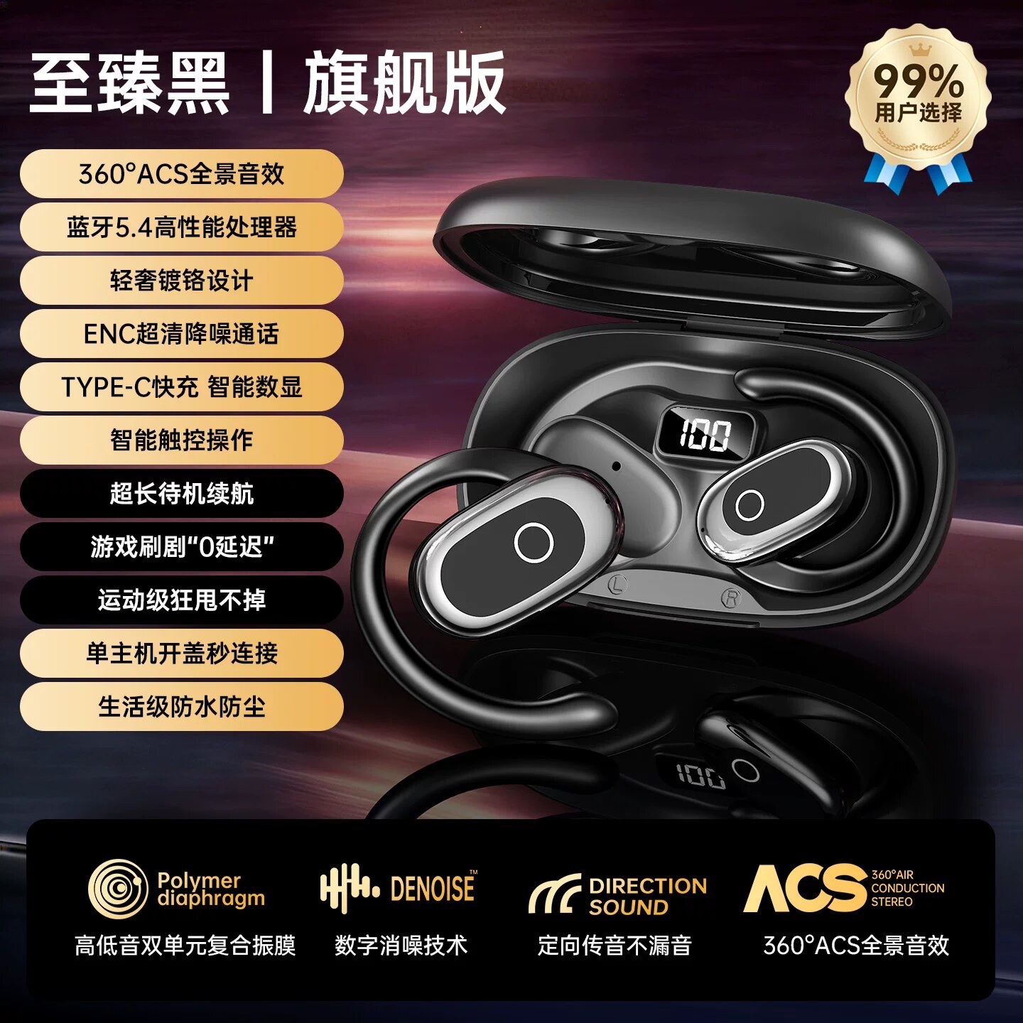 Беспроводные наушники с костной проводимостью Bluetooth с двойным чипом 5.4, Dolby Atmos, 80-часовая батарея, истинный