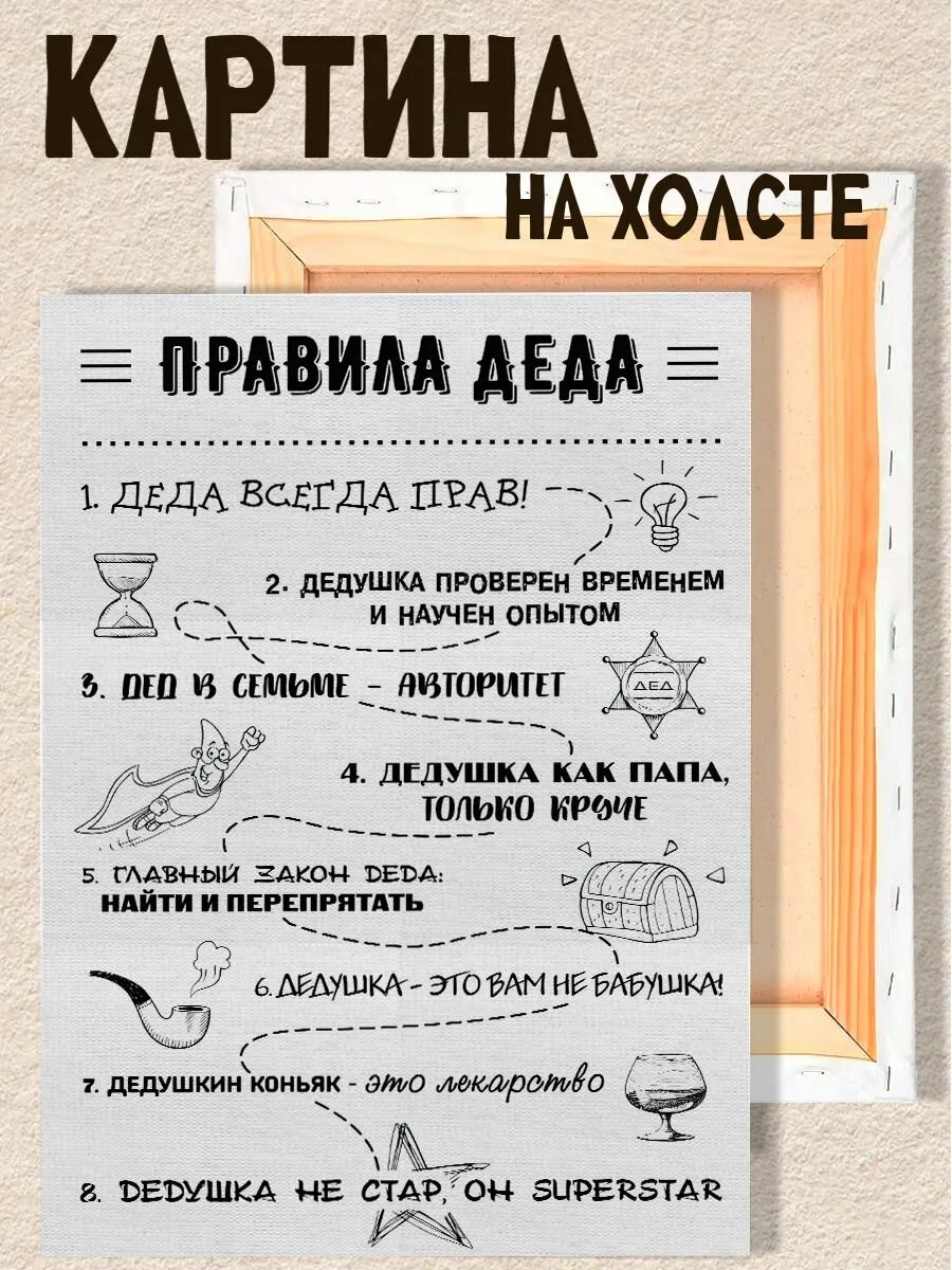 Картина на стену Правила бабушки и дедушки, на подрамнике, 1шт, 38х25 размер.