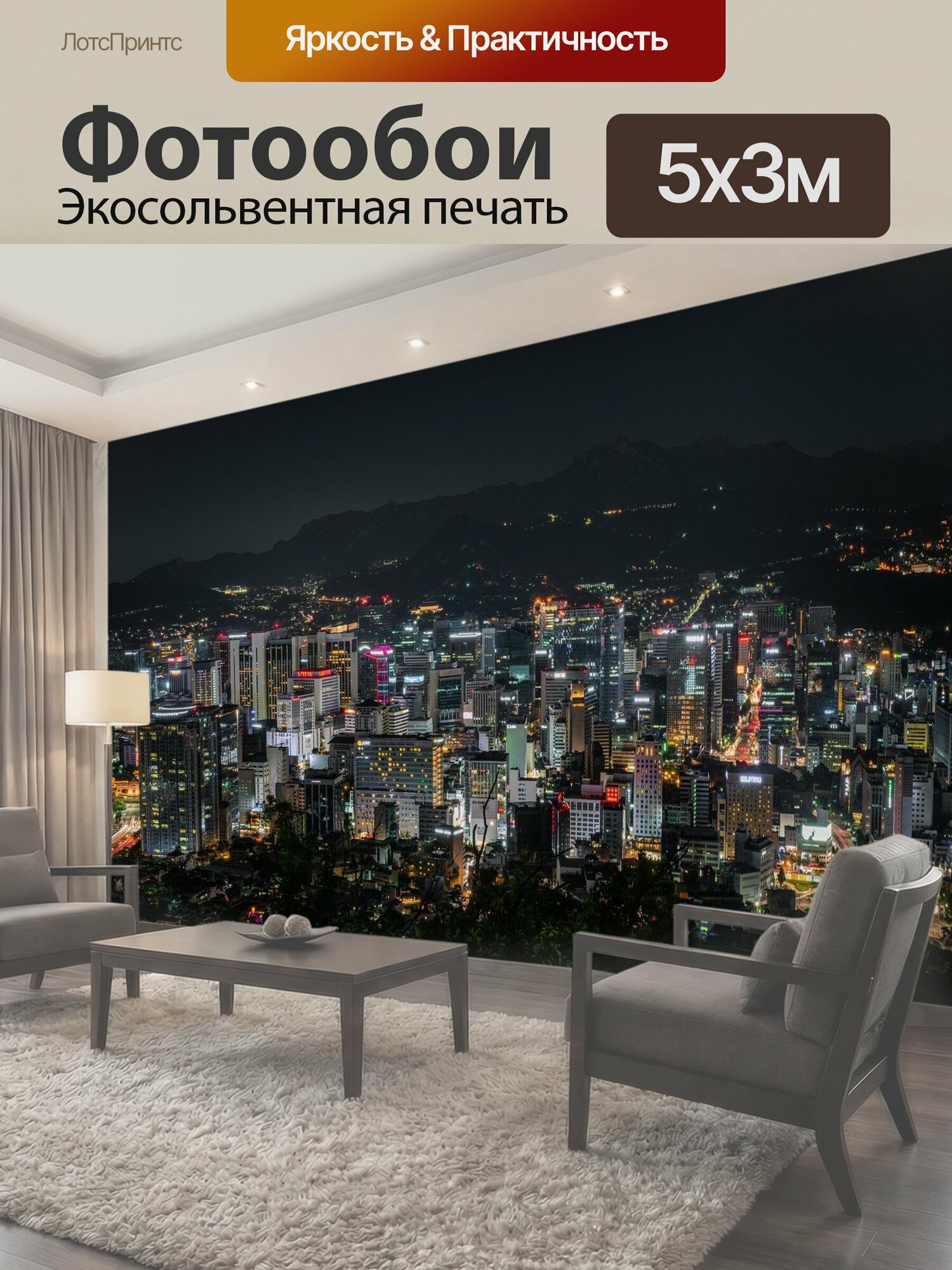 Фотообои "Городской пейзаж, сеул, корея" 500x300 см. экосольвентная печать