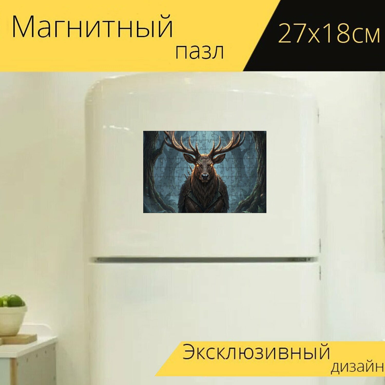 Магнитный пазл "Лесной олень с огромными рогами. Фэнтезийный зверь с светящимися глазами и величественными ветвистыми рогами стоит в туманной чащобе." на холодильник 27 x 18 см.