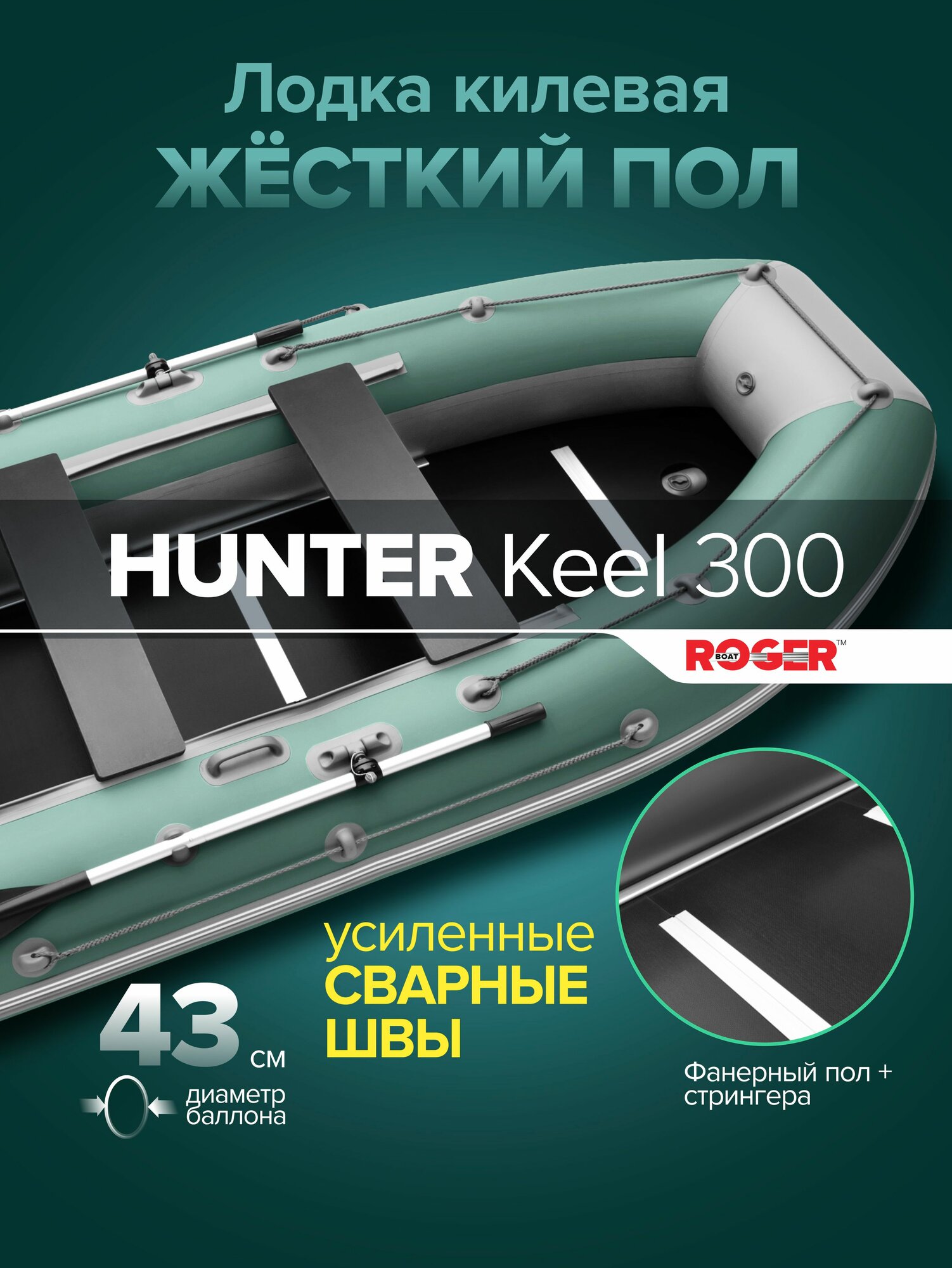 Лодка ПВХ под мотор ROGER Hunter Keel 300, надувная для рыбалки с жестким полом (зеленый-серый)