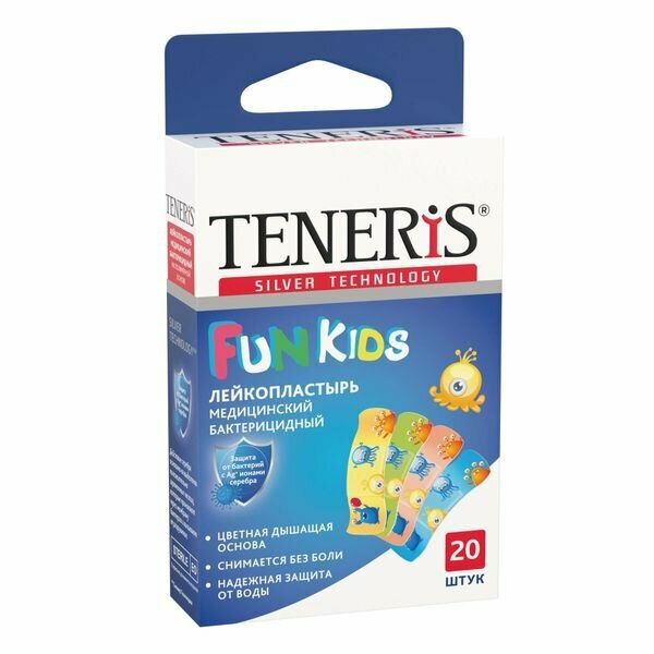 Лейкопластырь бактерицидный на полимерной основе с рисунками Fun Kids Teneris/Тенерис 56х19мм 20шт