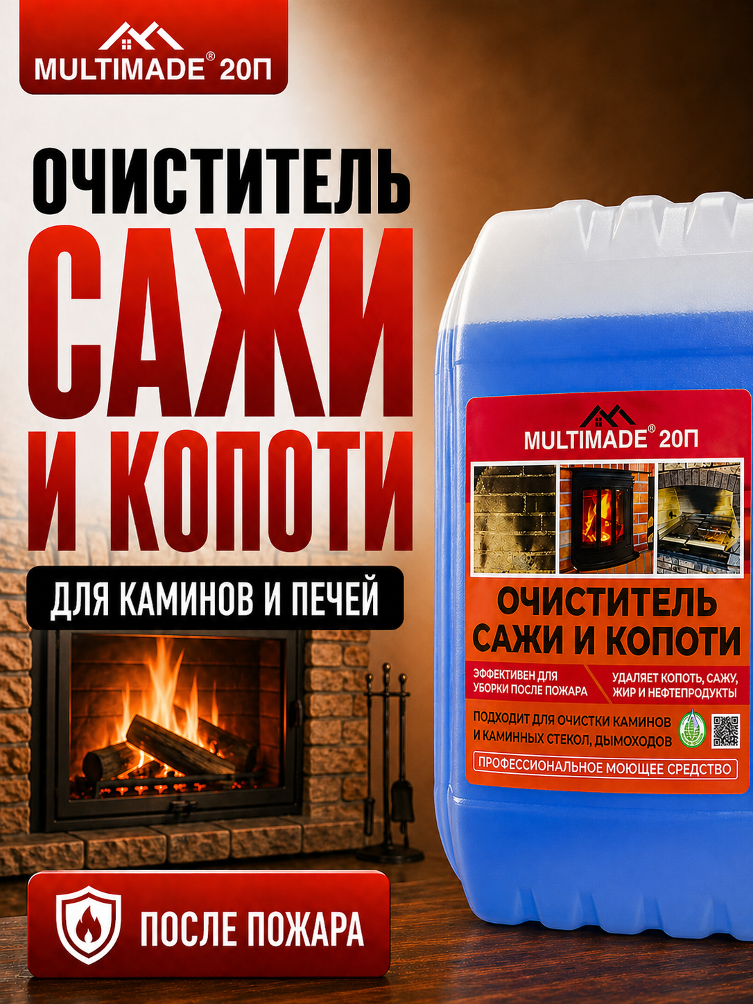 Очиститель сажи и копоти Мультимэйд 20П, средство после пожара, для каминов, печей, стекол и кирпича, 5 литров