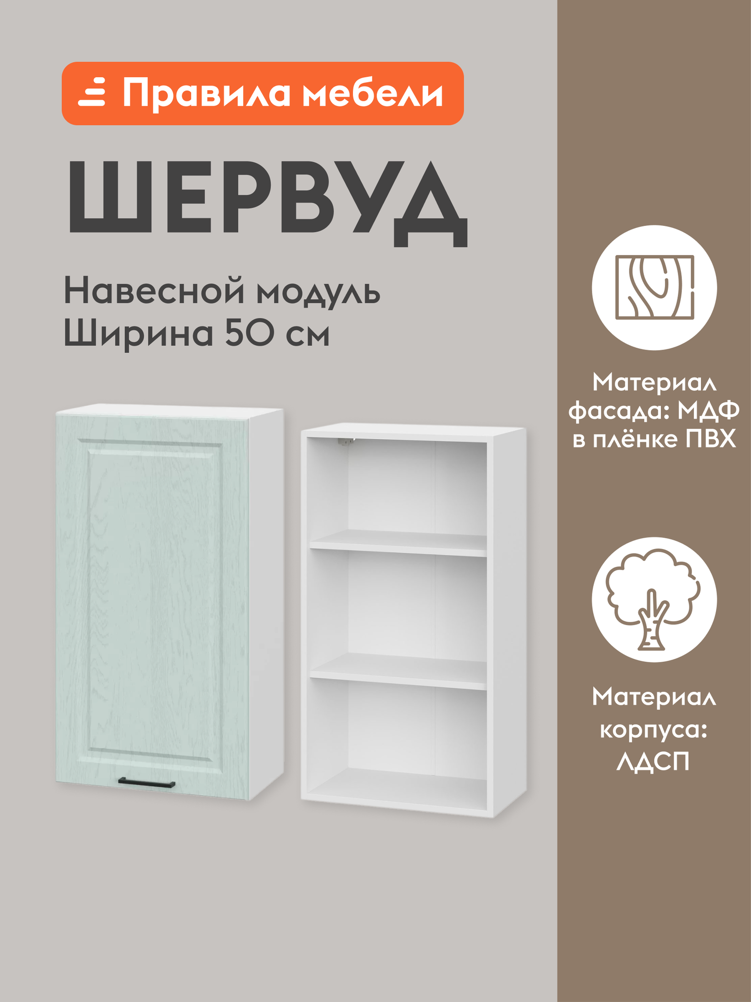 Кухонный модуль навесной, шкаф Шервуд с доводчиками, с полками, 50х29.6х91 см, Белый / Деним голубой
