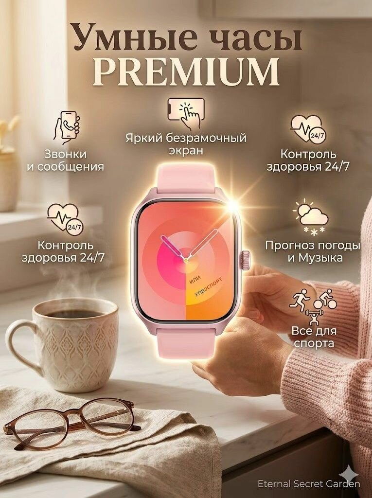 Умные часы женские 1.85" AMOLED, Bluetooth звонки, пульсометр, оксиметр, 100+ спортивных режимов, IP67, Smart Watch для Android и iOS