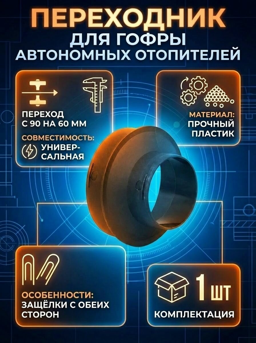 Переходник 90 на 60мм для гофры автономного отопителя пластик