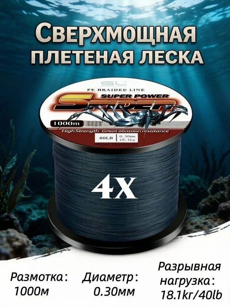 Плетеный шнур для рыбалки леска плетенка для спиннинга и фидера темно-серый 1000м 18.1kr/40lb 0.30мм