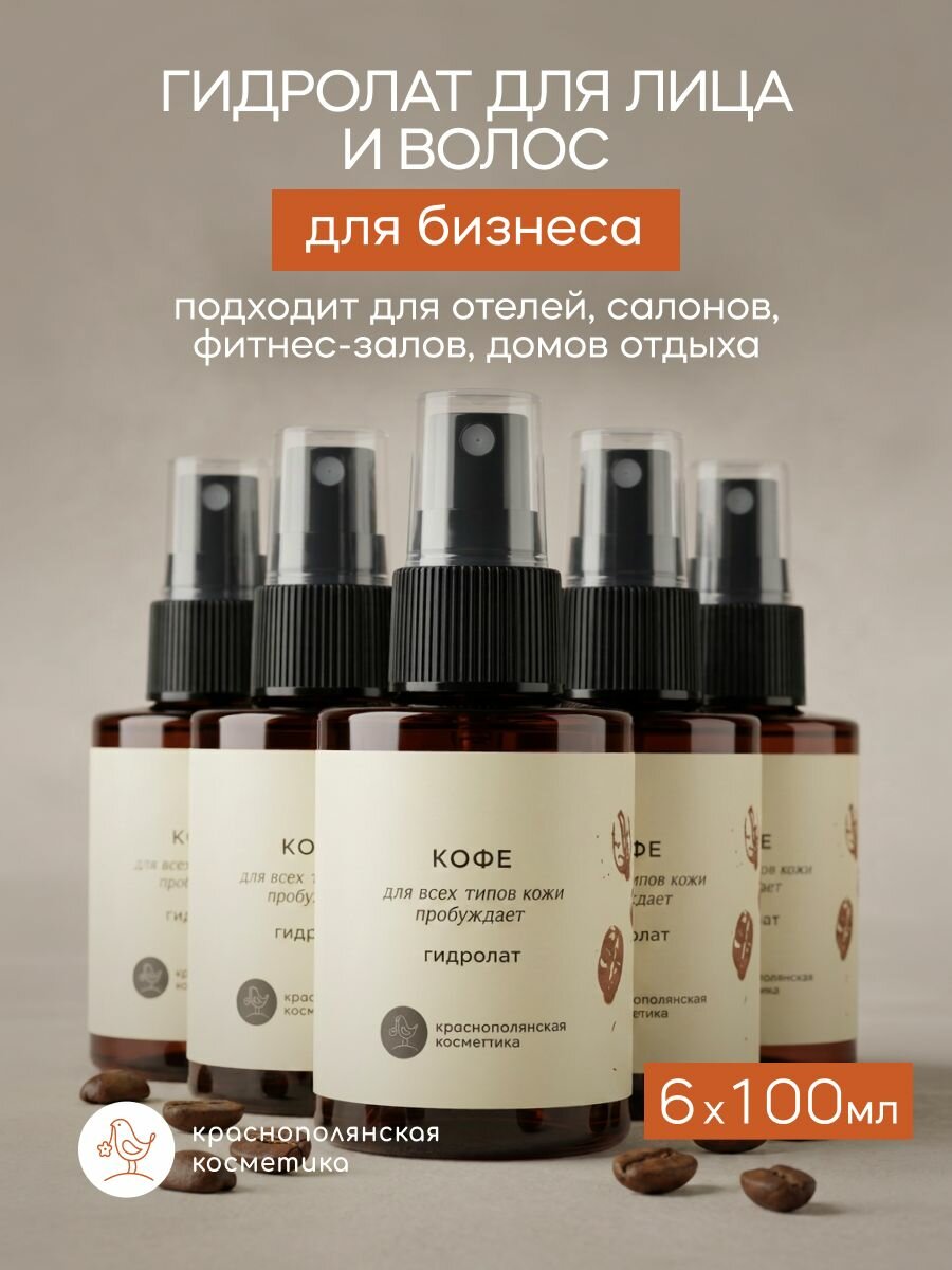 Краснополянская косметика Набор Спрей для тела, лица и волос, гидролат для лица и волос "Кофе", для жирной и сухой кожи, для бизнеса, 100 мл, 6 шт. HoReCa